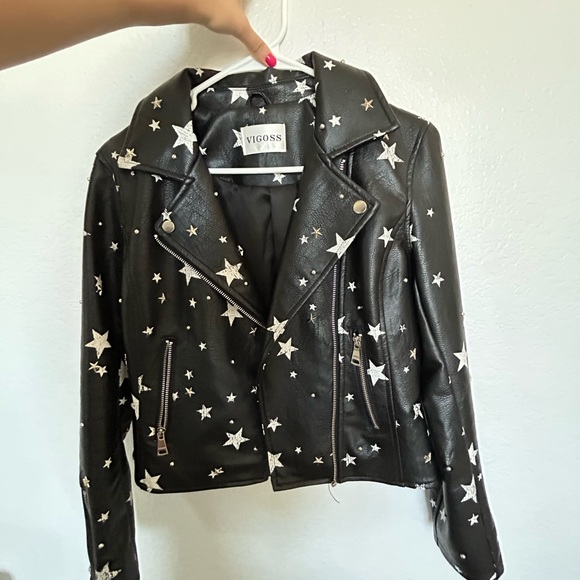 Vigoss | Jackets & Coats | Black Leather Jacket With White And Silver Stars | Poshmark
